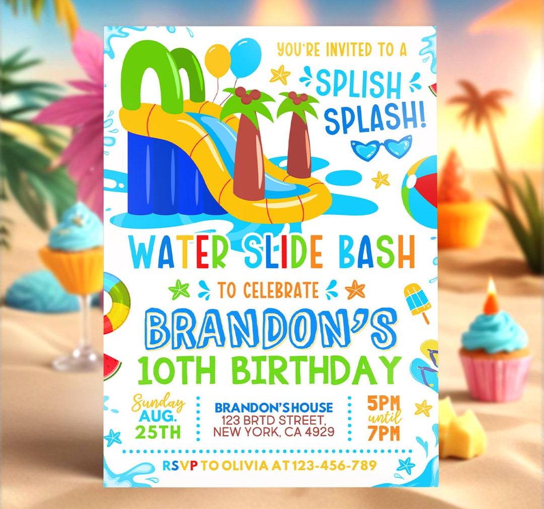 Water Slide Birthday Invitation, Water Slide Summer Invitation Template ...
