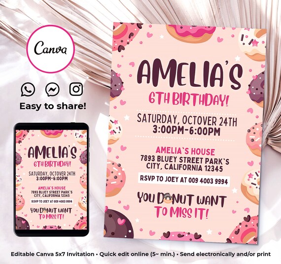 Editable Donut Birthday Invitation Template, Printable Birthday Party ...