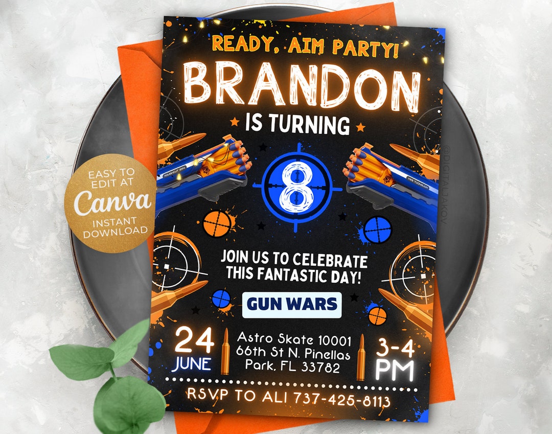 DART GUN Birthday Invitation, Dart Gun Editable Template, Dart Gun ...