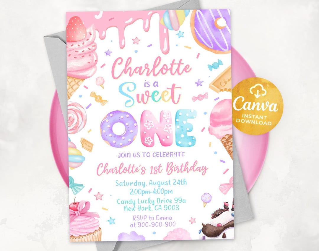 Sweet One Birthday Invitation, 1st Birthday Girl Invitation, Pastel ...