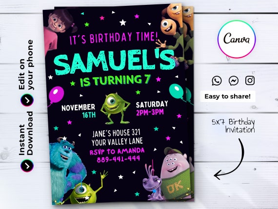 Editable Monsters Inc Birthday Invitation Template, Printable Birthday ...