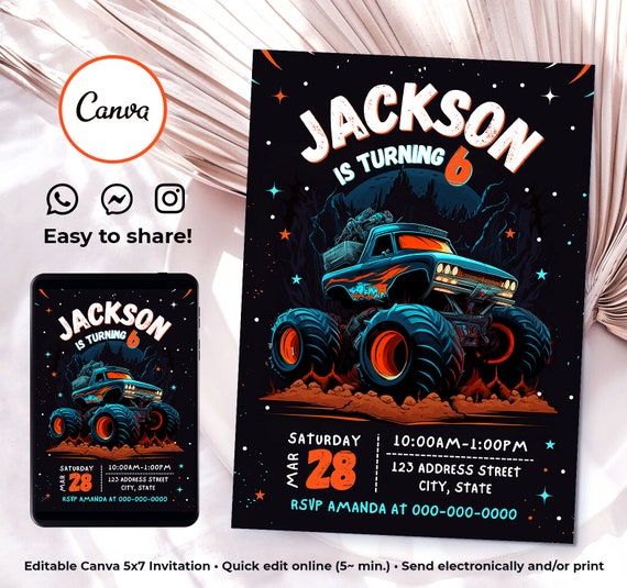 Editable Monster Truck Birthday Invitation Template, Printable Birthday ...