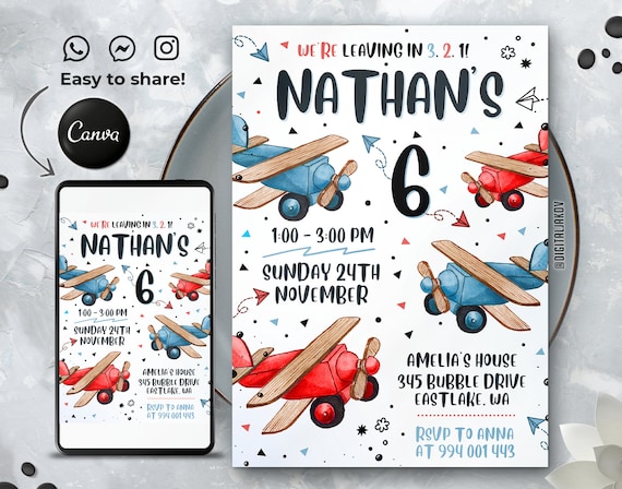Editable Airplanes Birthday Invitation Template, Printable Birthday ...