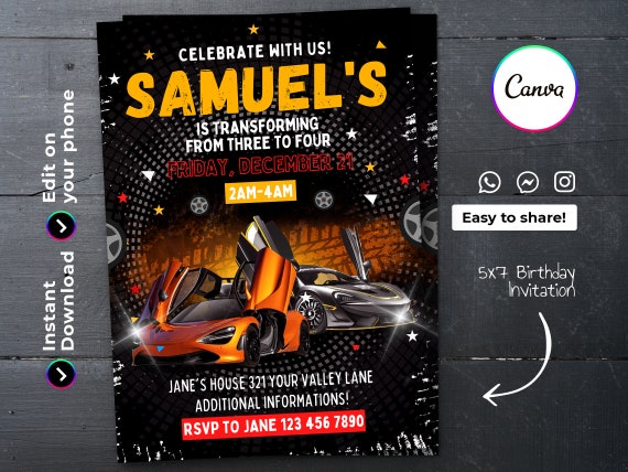 Editable Cars Birthday Invitation Template, Printable Birthday Party ...