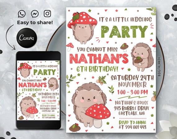 Editable Hedgehog Invitation Template, Cat Invitation, Printable ...