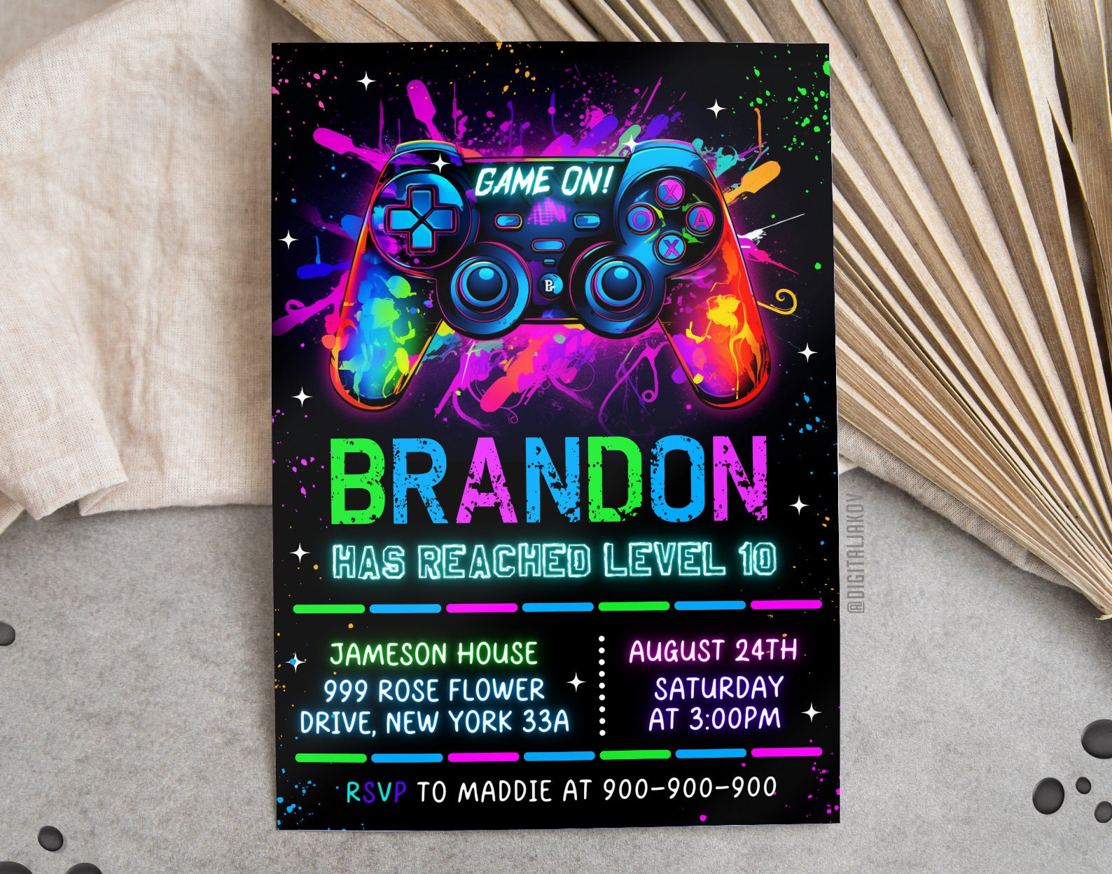 Video Game Party Invitation, Printable Gamer Birthday Invite, Neon ...
