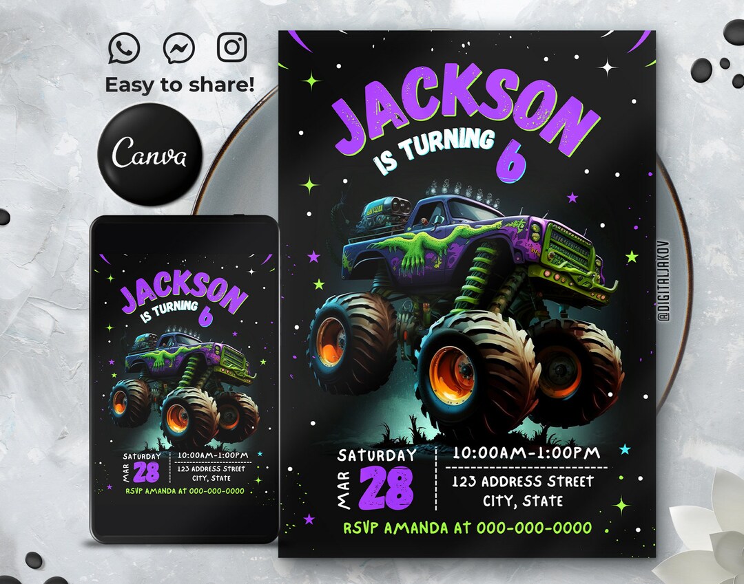 Editable Monster Truck Birthday Invitation Template, Printable Birthday ...