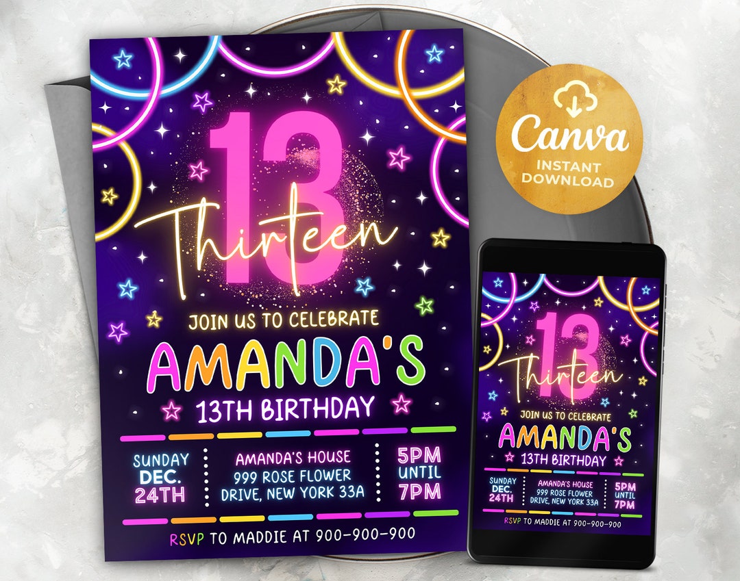 13th Girl Birthday Invitation, 13th Invitation, Editable Girl Birthday ...