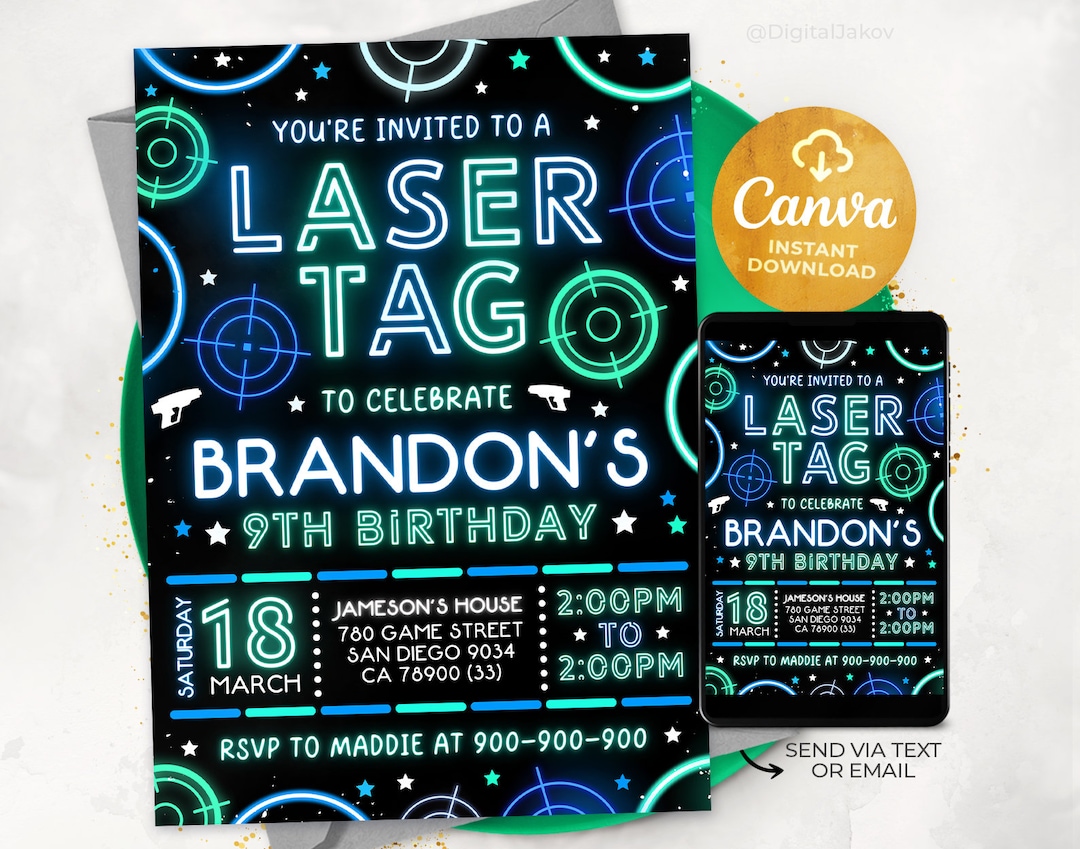 Laser Tag Party Invitation Neon Birthday Party Invite Glow Laser Tag ...