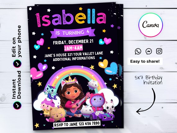 Editable Gabbys Dollhouse Birthday Invitation Template, Printable ...