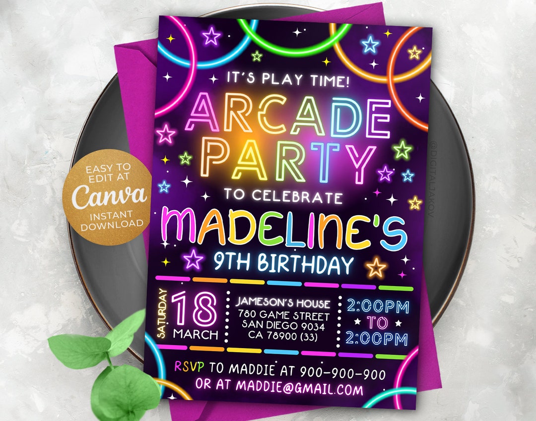 Editable Arcade Birthday Party Invitation, Gaming Arcade Birthday Party ...