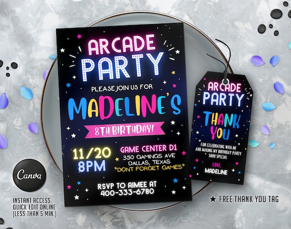 Editable Arcade Birthday Invitation Template, Printable Birthday Party ...