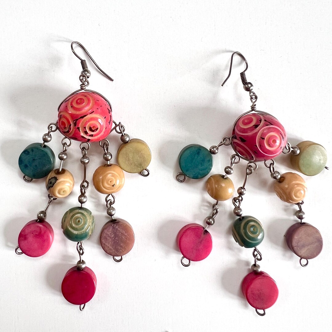Vintage Colourful Natural Tagua Nuts Vegetable Ivory Pierced Earrings ...