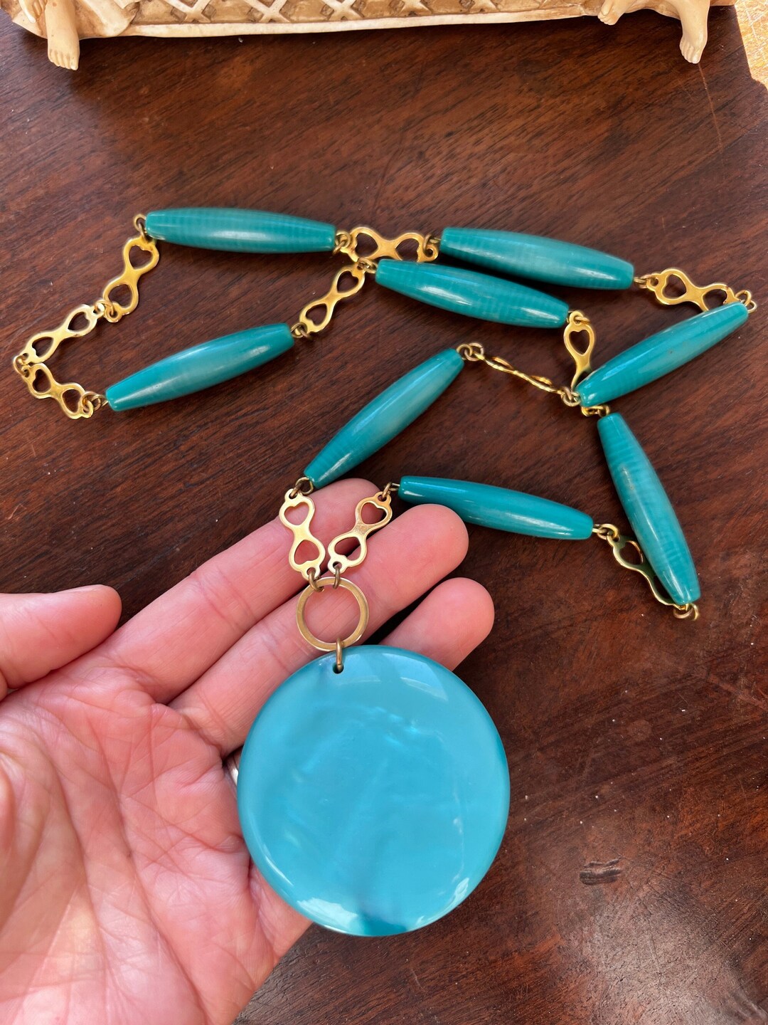 Vintage Turquoise Blue Green Galalith Plastic Geometric Long Necklace ...