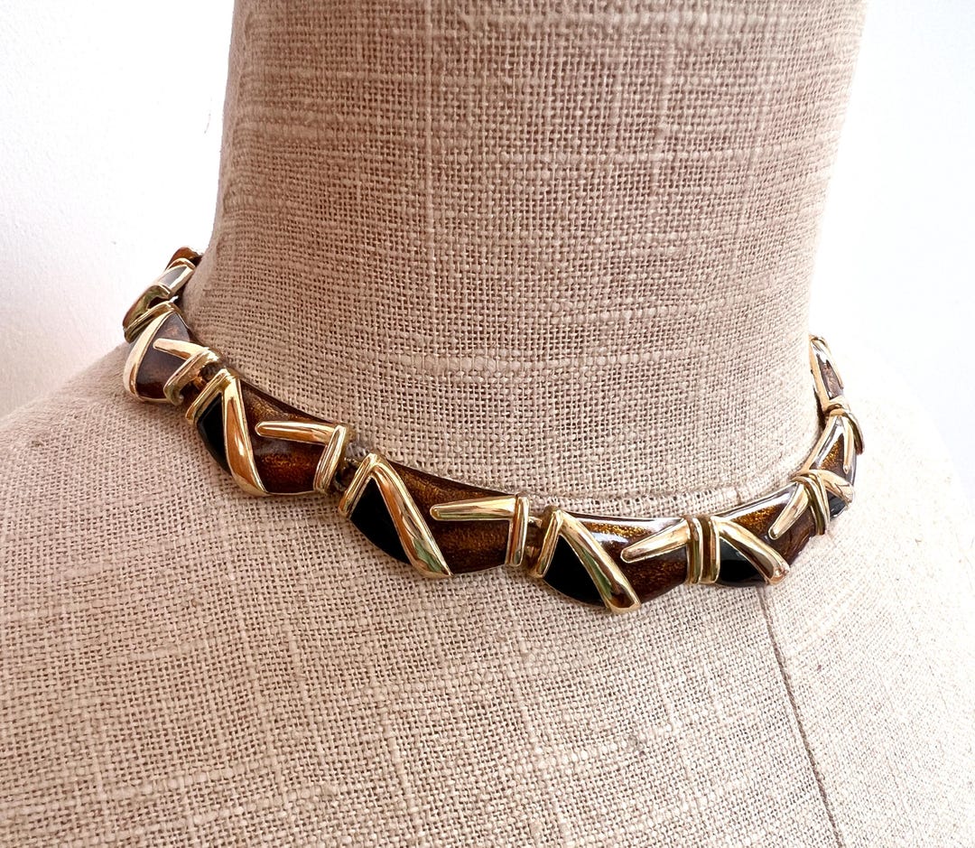 Vintage french Black Gold Enamel Panel Link Choker Necklace Geometric ...