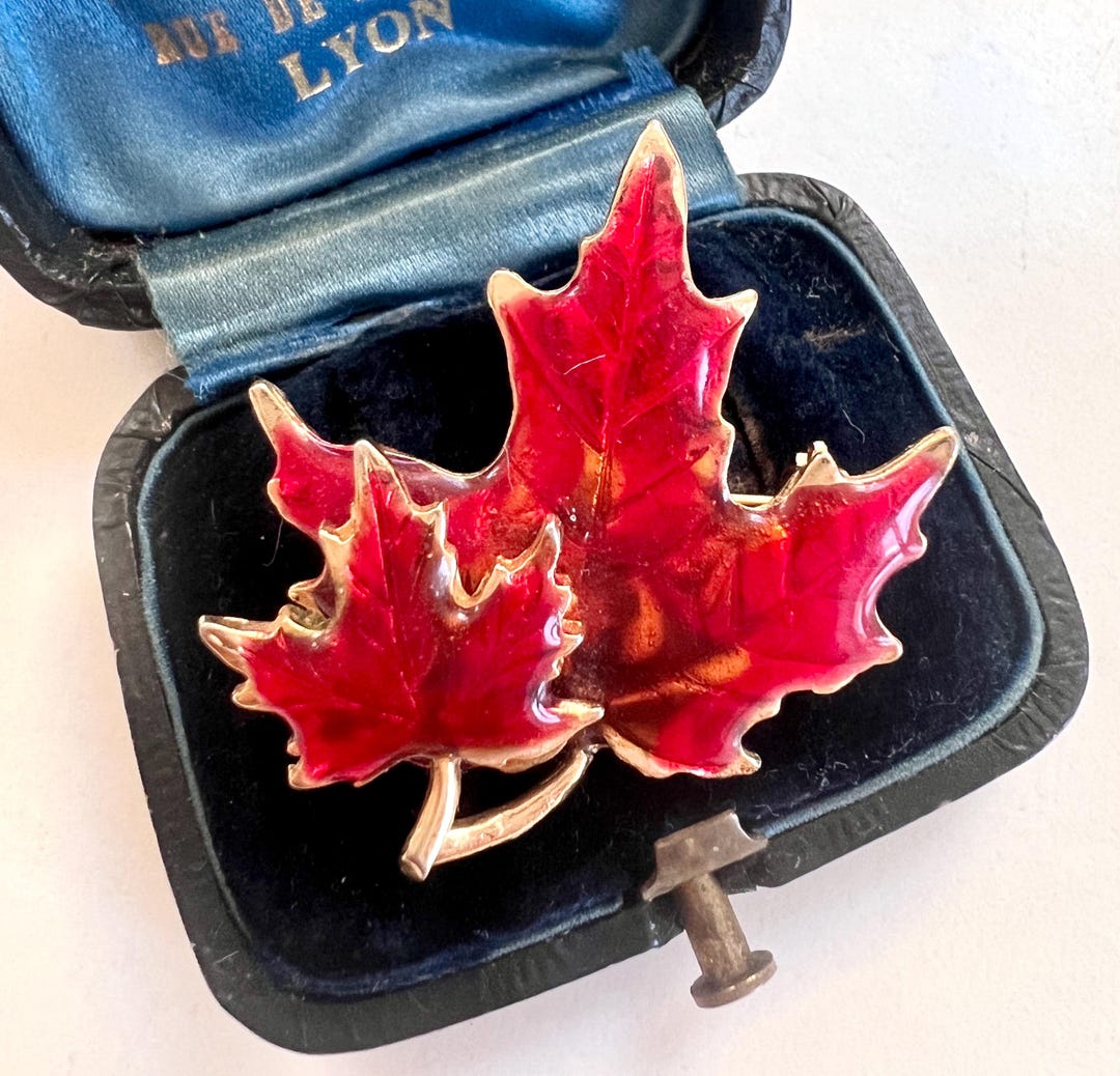 Vintage Red Enamel & Gold Maple Leaves Brooch Pin /thanksgiving Pin ...