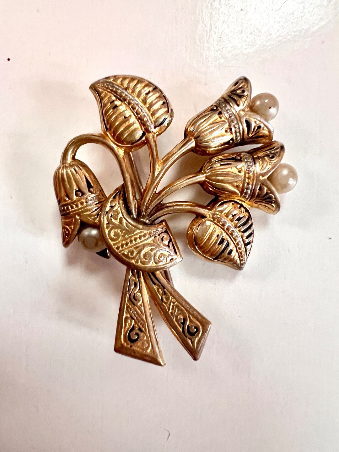 Vintage Toledo Demascene Spanish Gold Tulip Flower Brooch Pin With Faux ...