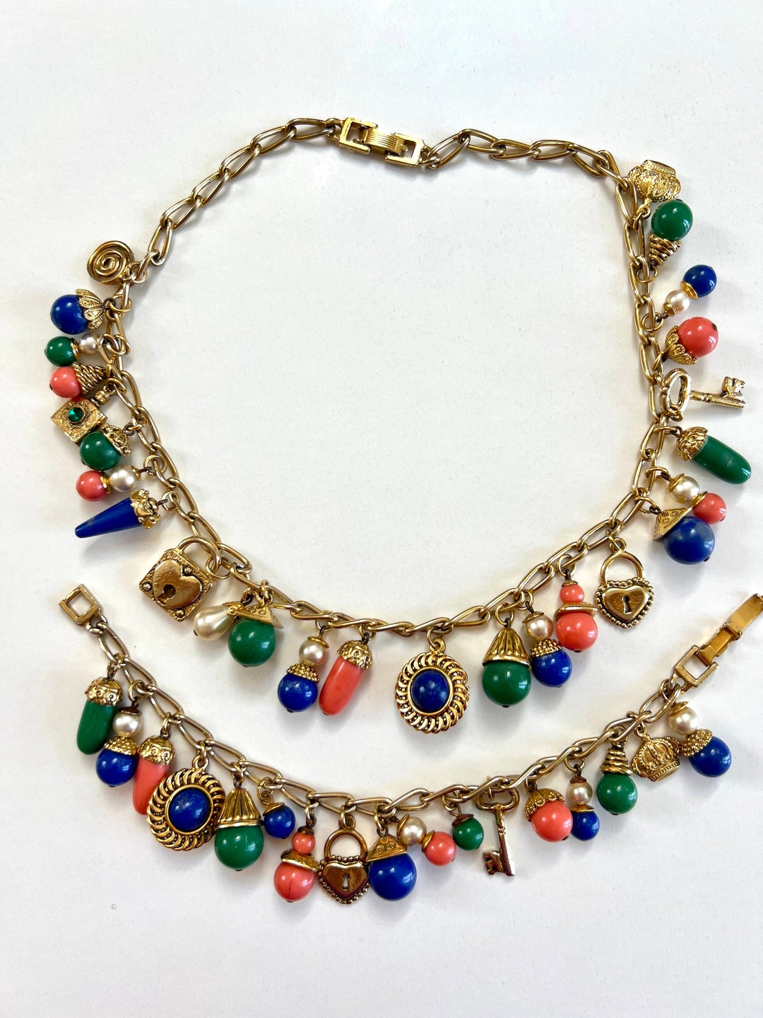 Vintage Colourful 1990s Gold Tone Charms Necklace and Bracelet French ...