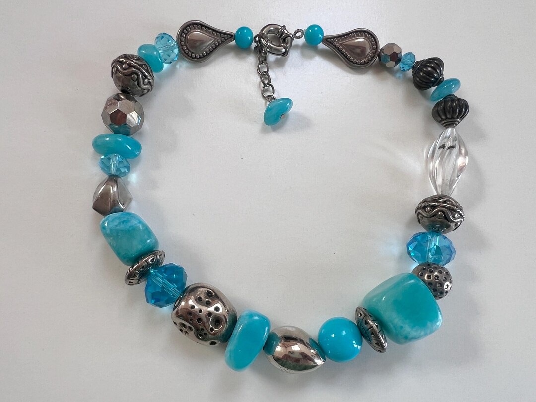 Vintage Blue Aragonite Crystal Necklace, Austrian Glass Beads, Handmade ...