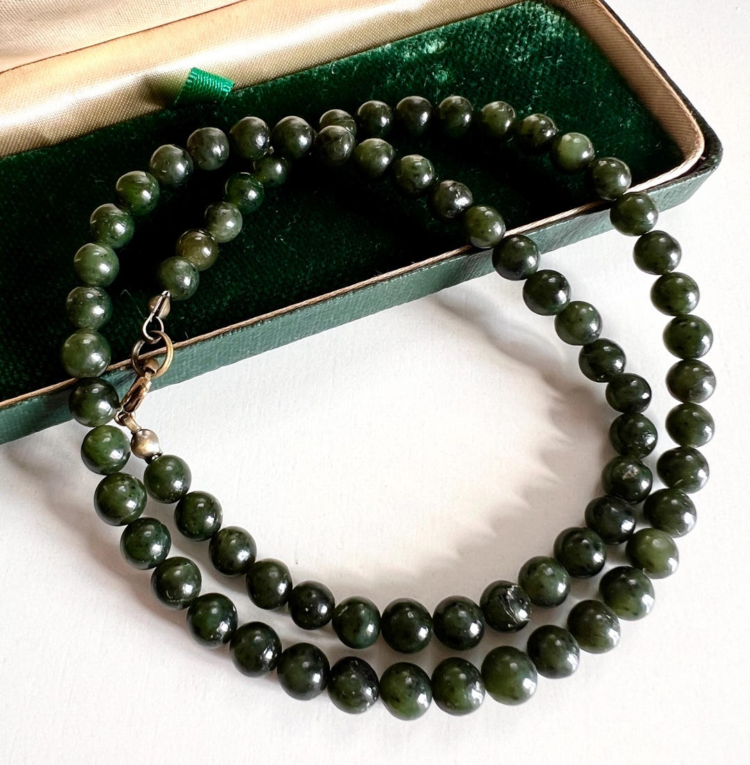 Vintage Natural 6mm Dark Green Jade Rounds Beads Necklace Gemstone ...