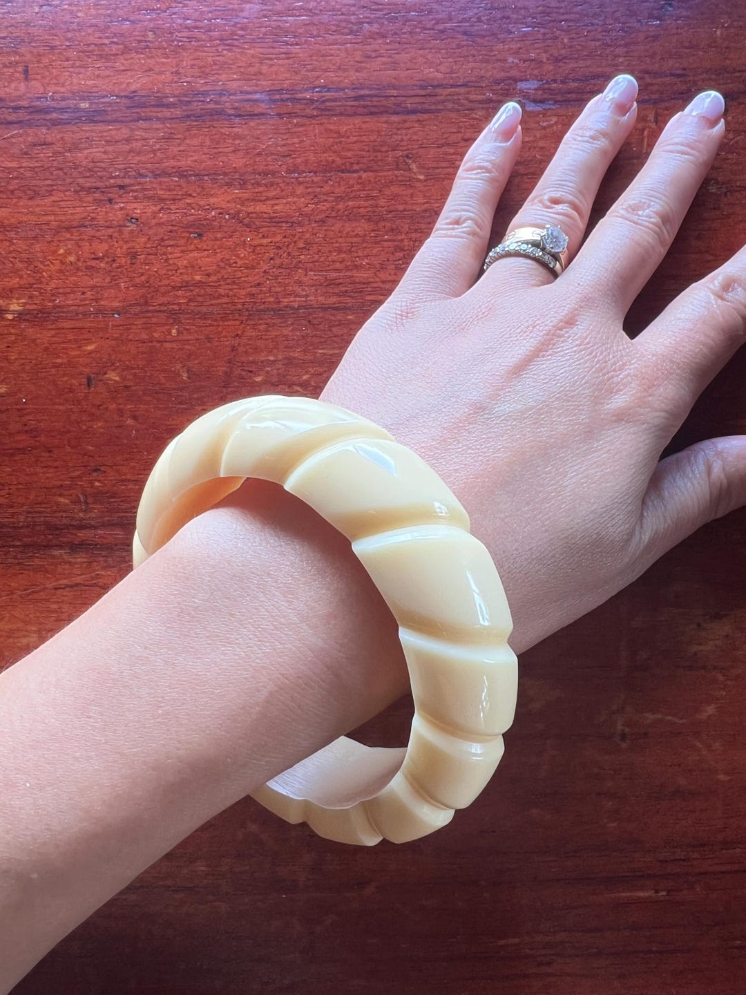 Vintage Carved Creamy Ivory Celluloid Bangle: 1960s French Art Deco ...