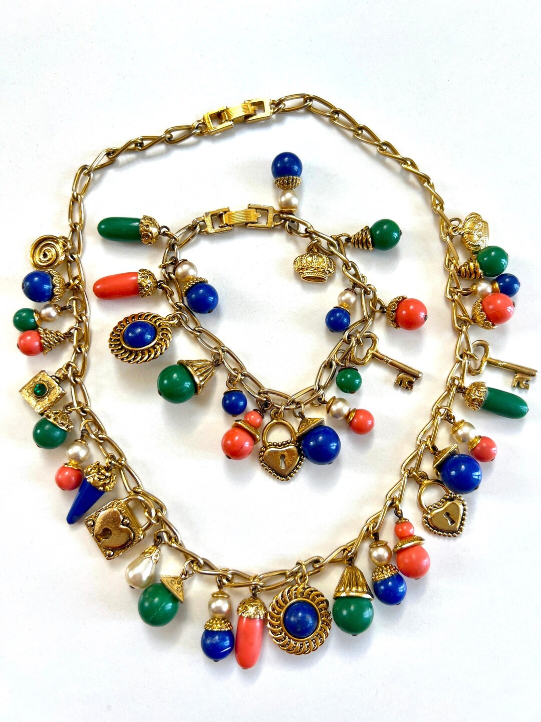 Vintage Colourful 1990s Gold Tone Charms Necklace and Bracelet French ...