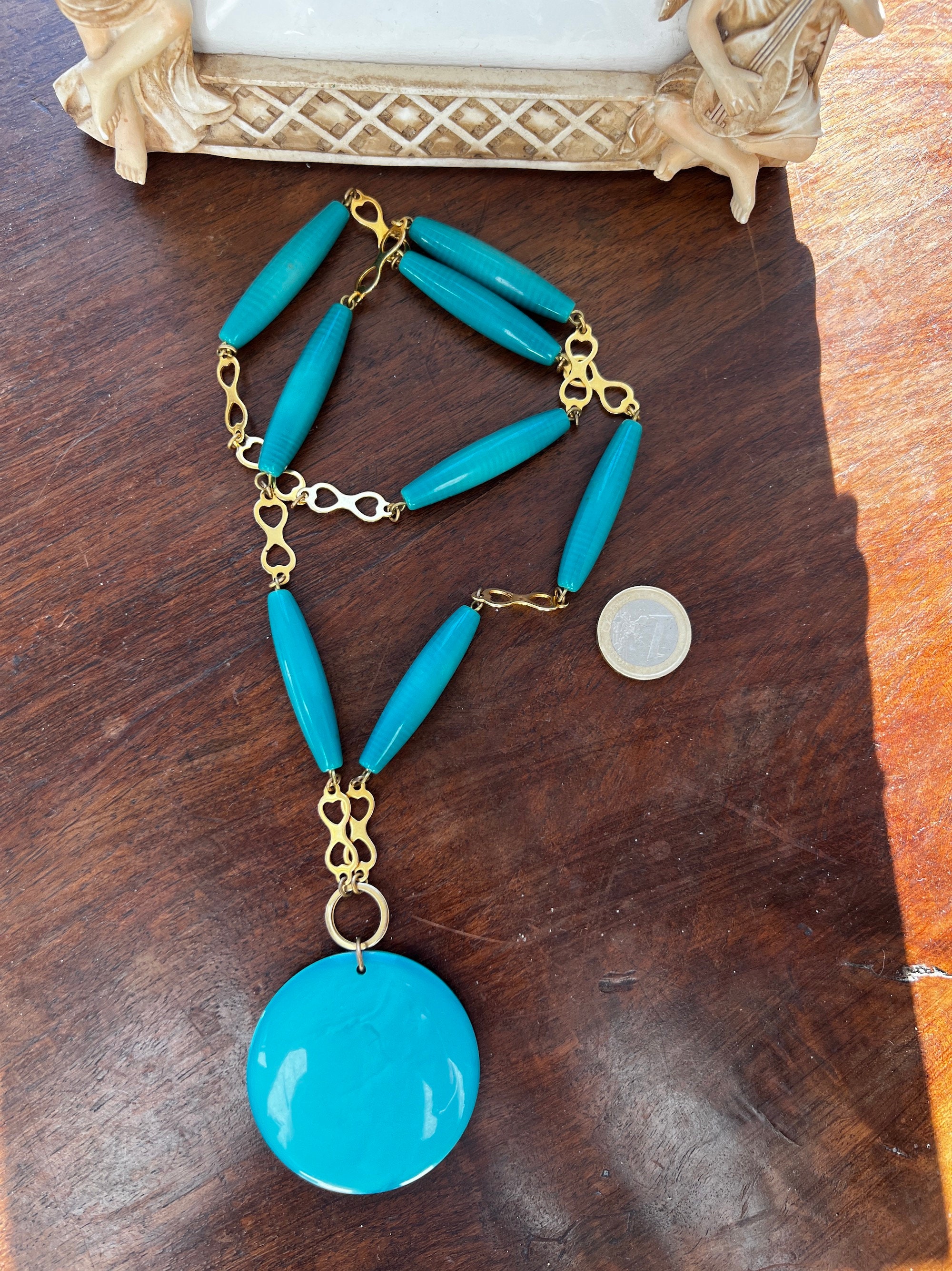 Vintage Turquoise Blue Green Galalith Plastic Geometric Long Necklace ...