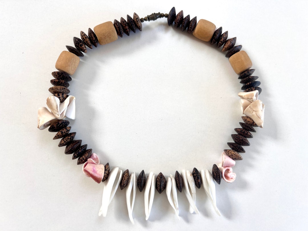Vintage UNISEX Shard Spikes Coconut Wood and Shell Beaded Necklace ...