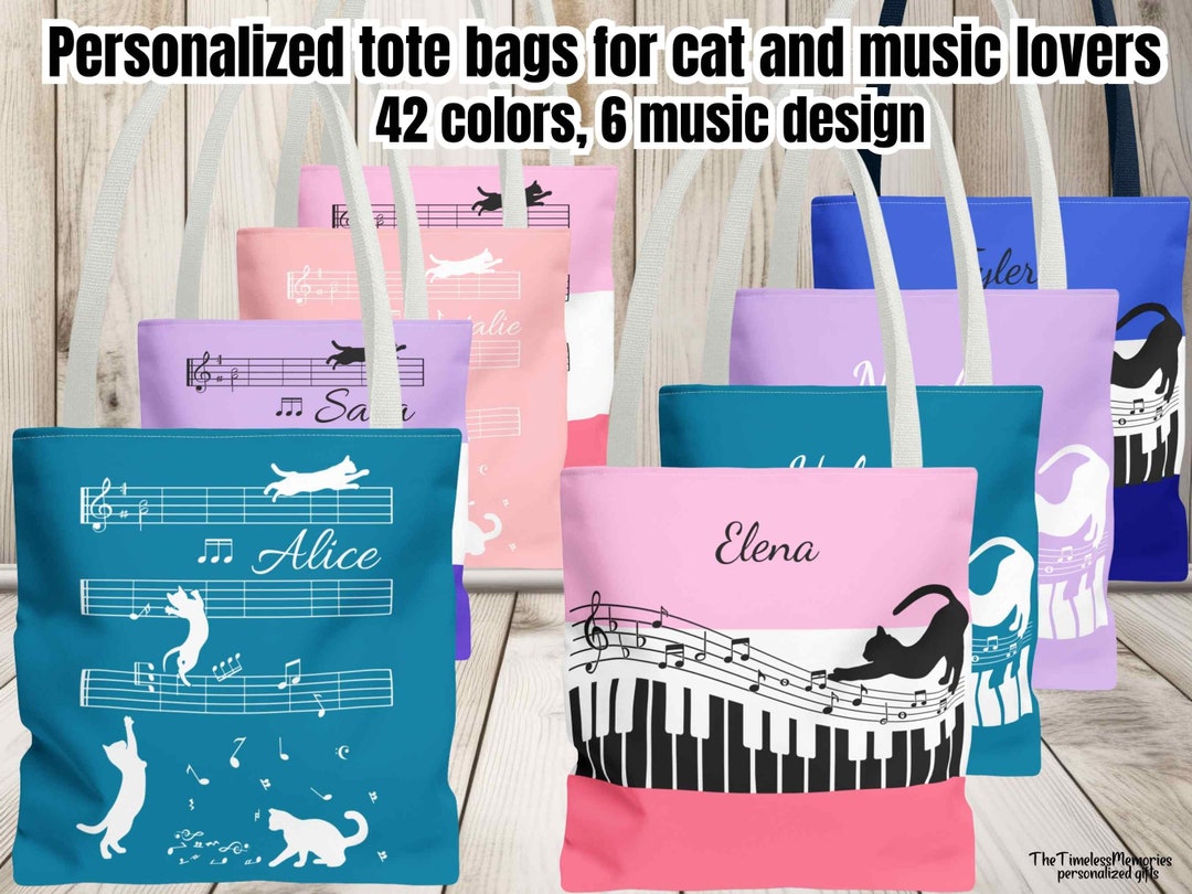 Personalized Cat Music Tote Bag Gift for Piano Player Music Gift Custom ...