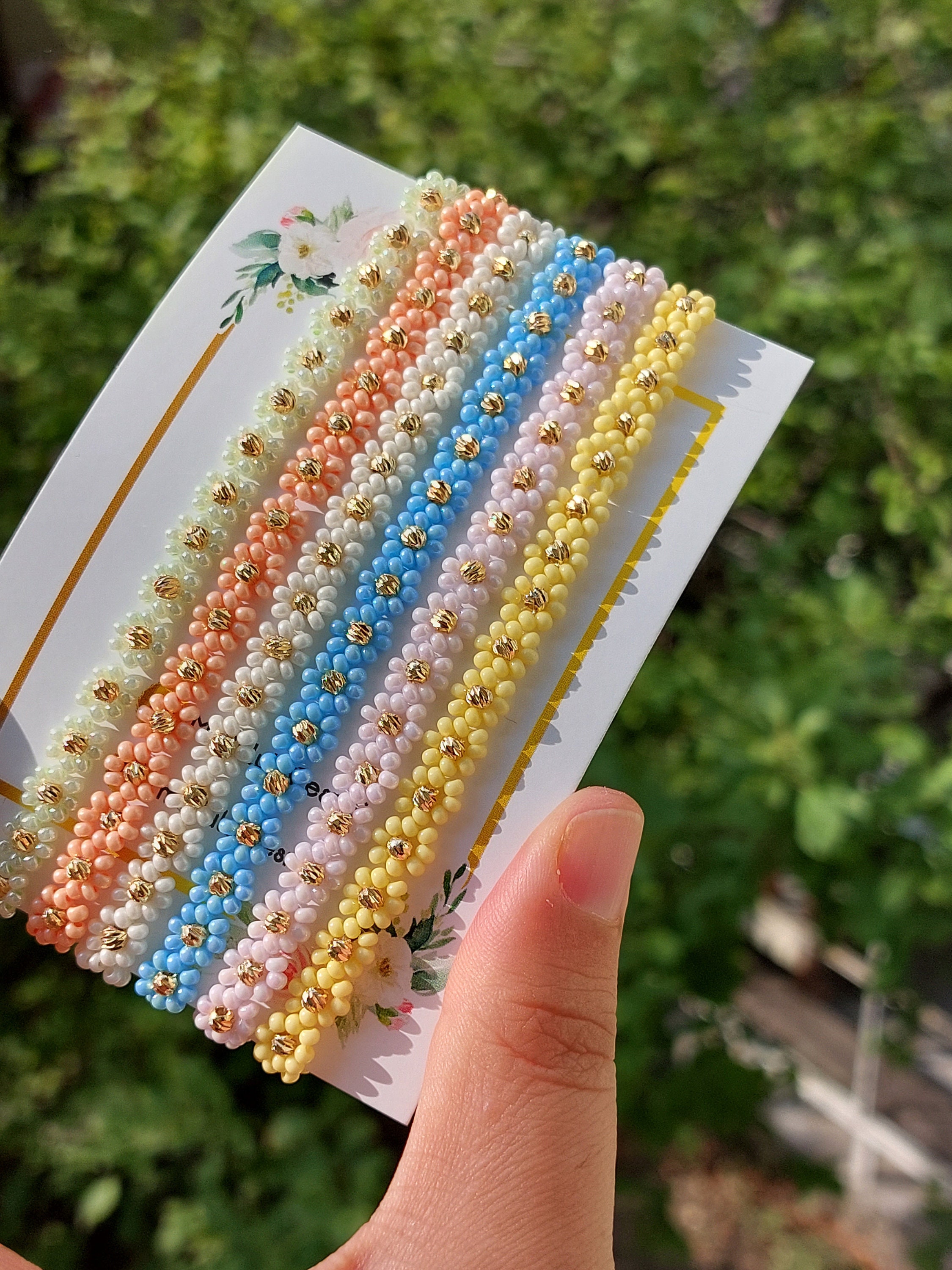 Dainty Handmade Daisy Chain Bracelet, Beaded Bracelets, Flower Beads ...