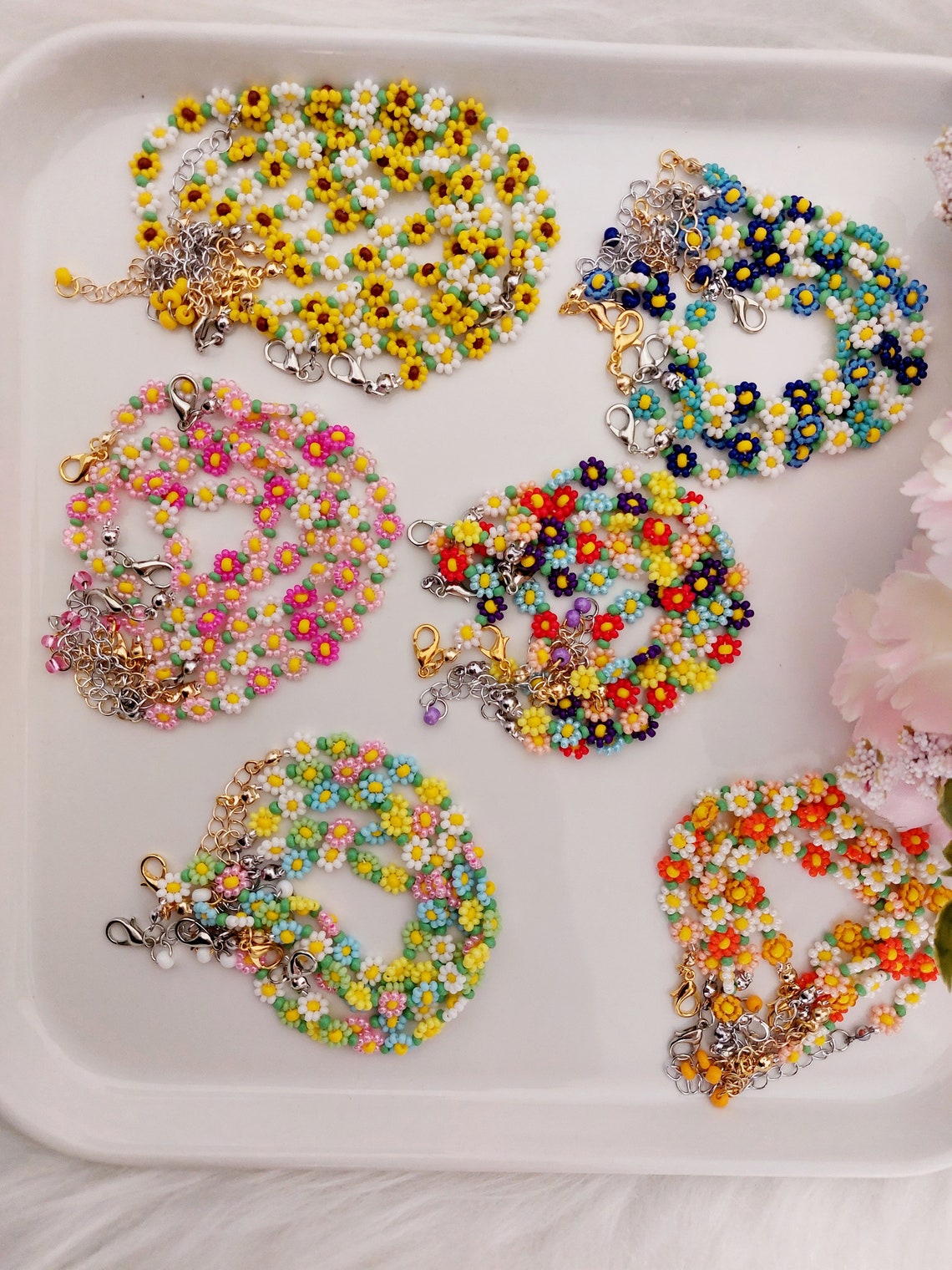 Daisy Flower Bracelet, Handmade Daisy Chain Bracelets, Beaded Daisy ...