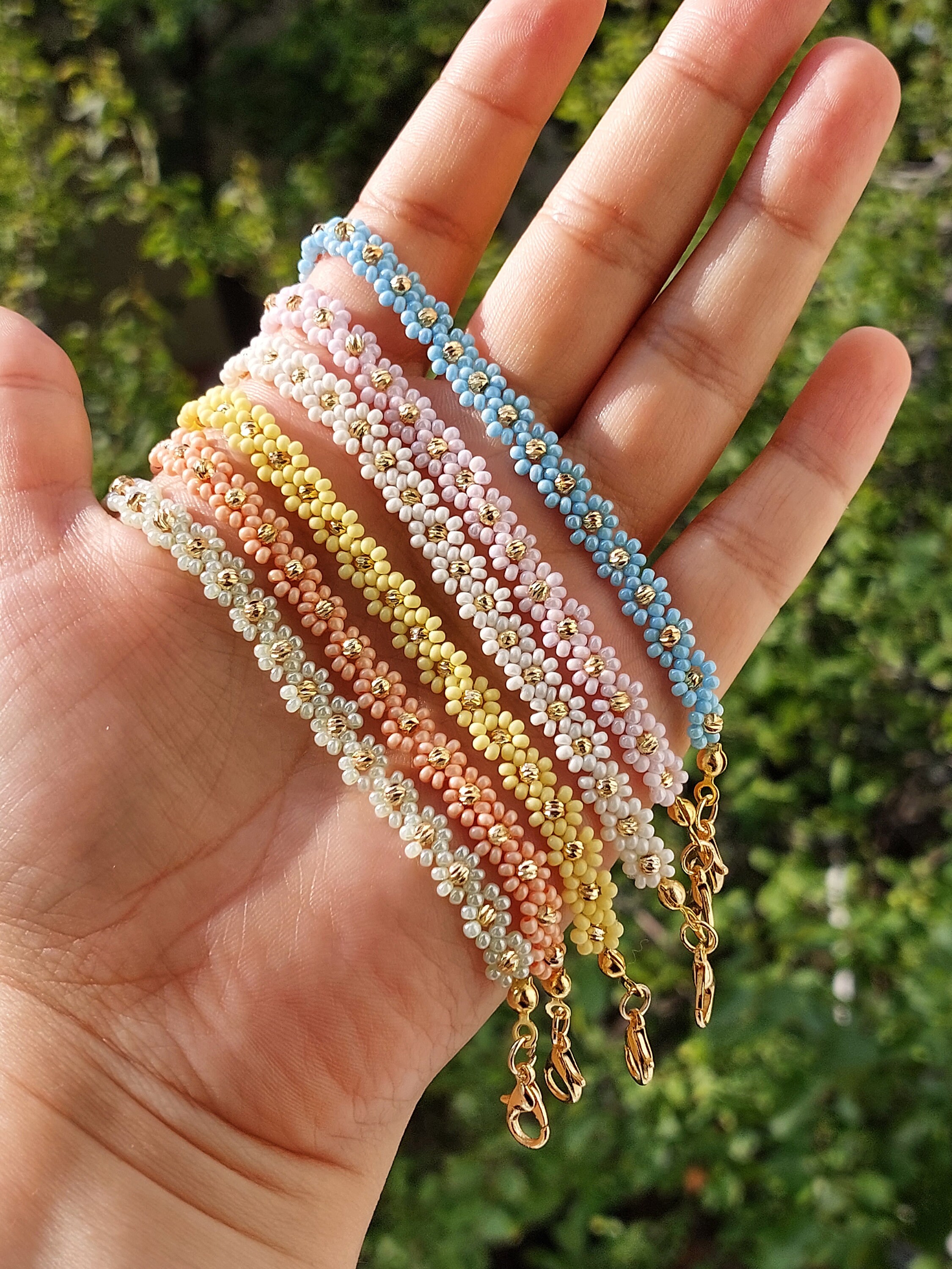 Dainty Handmade Daisy Chain Bracelet, Beaded Bracelets, Flower Beads ...