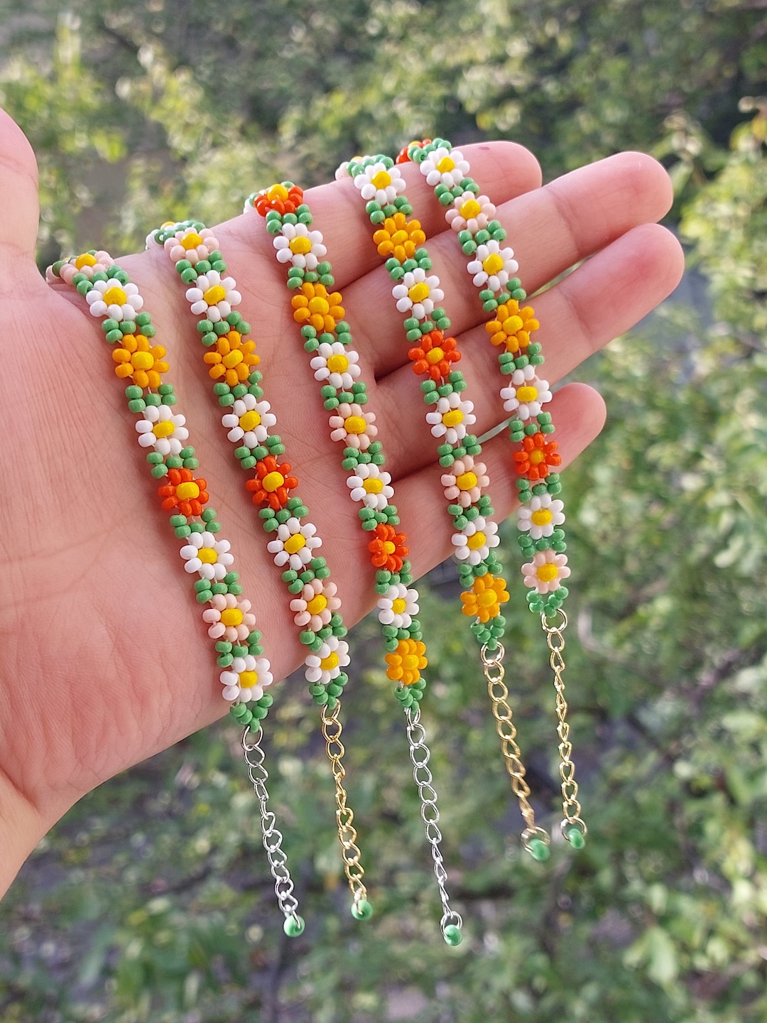 Handmade Daisy Chain Bracelets, Big Size Daisy Flower Bracelet, Beaded ...