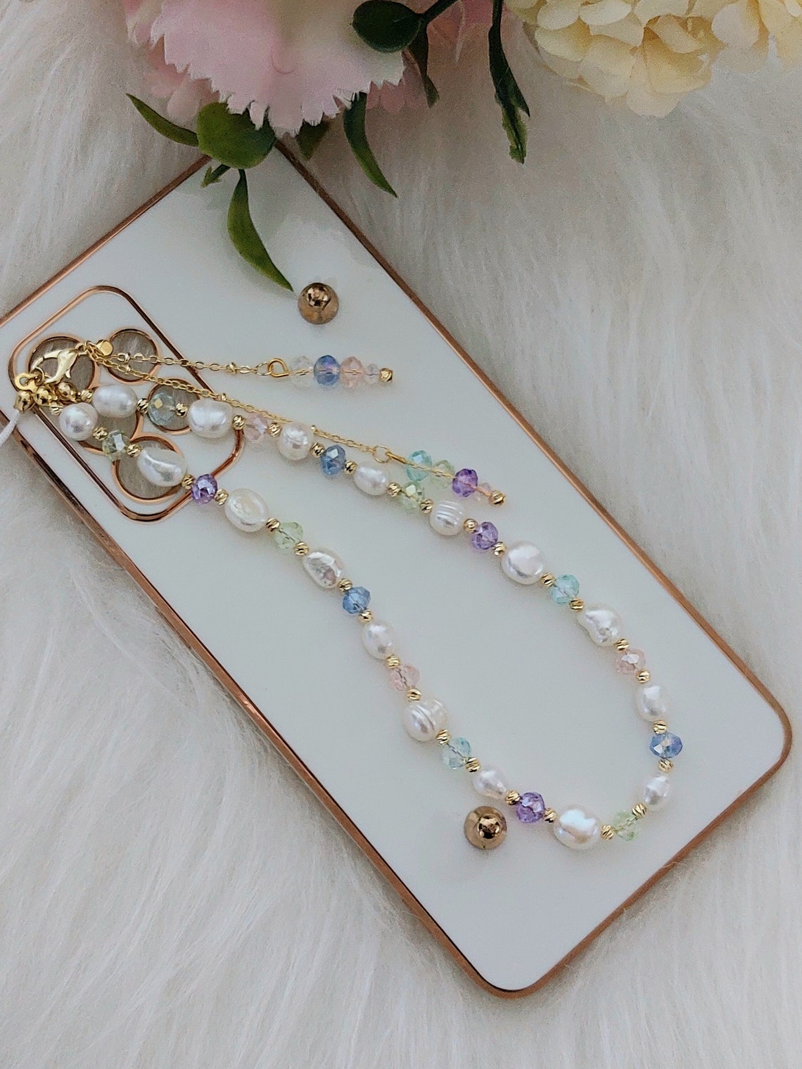Freshwater Pearl Phone Strap: Crystal Beaded Phone Charm - Etsy