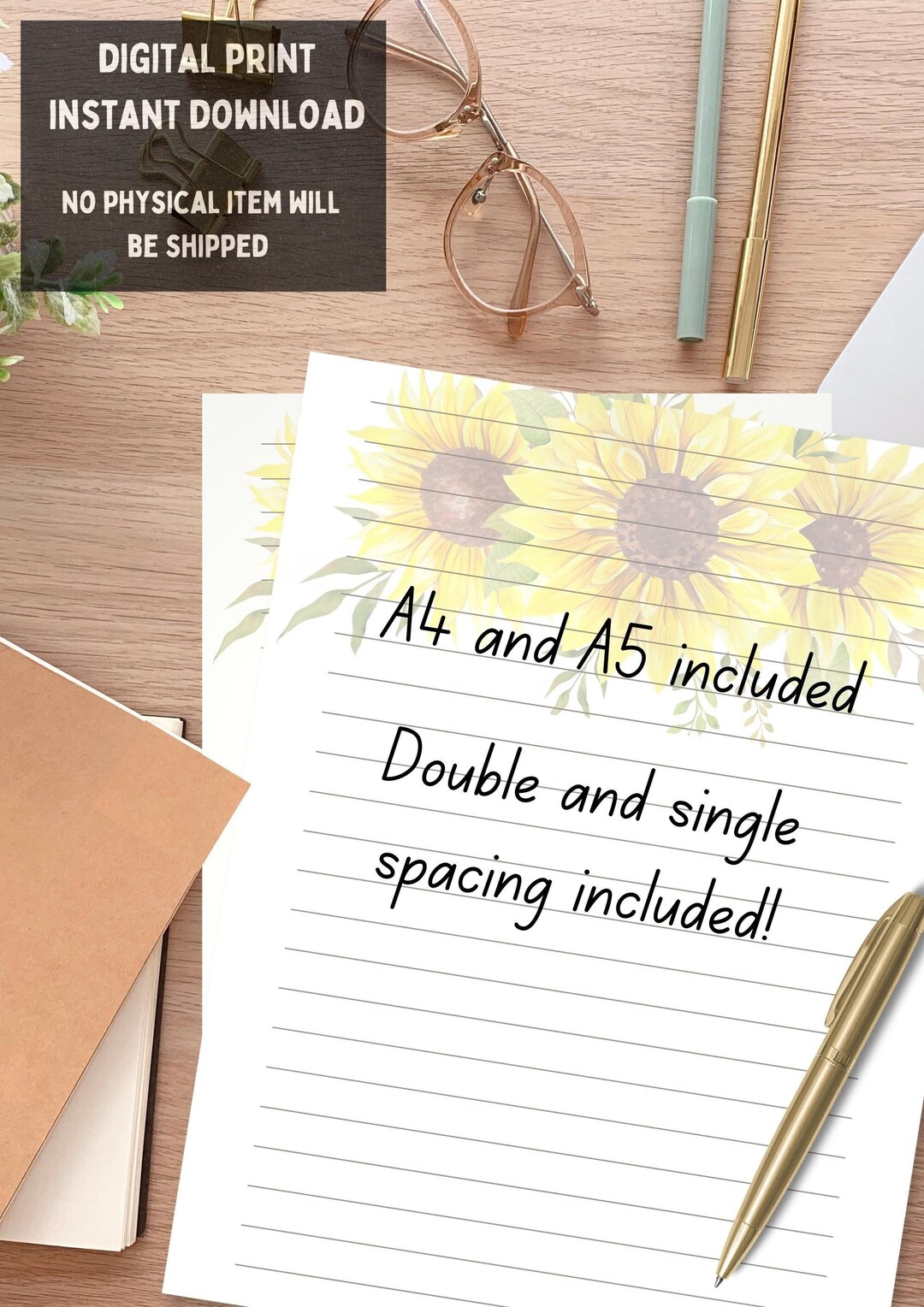 Sunflower Writing Paper Digital Download Instantly Downloaded A4 and A5 ...