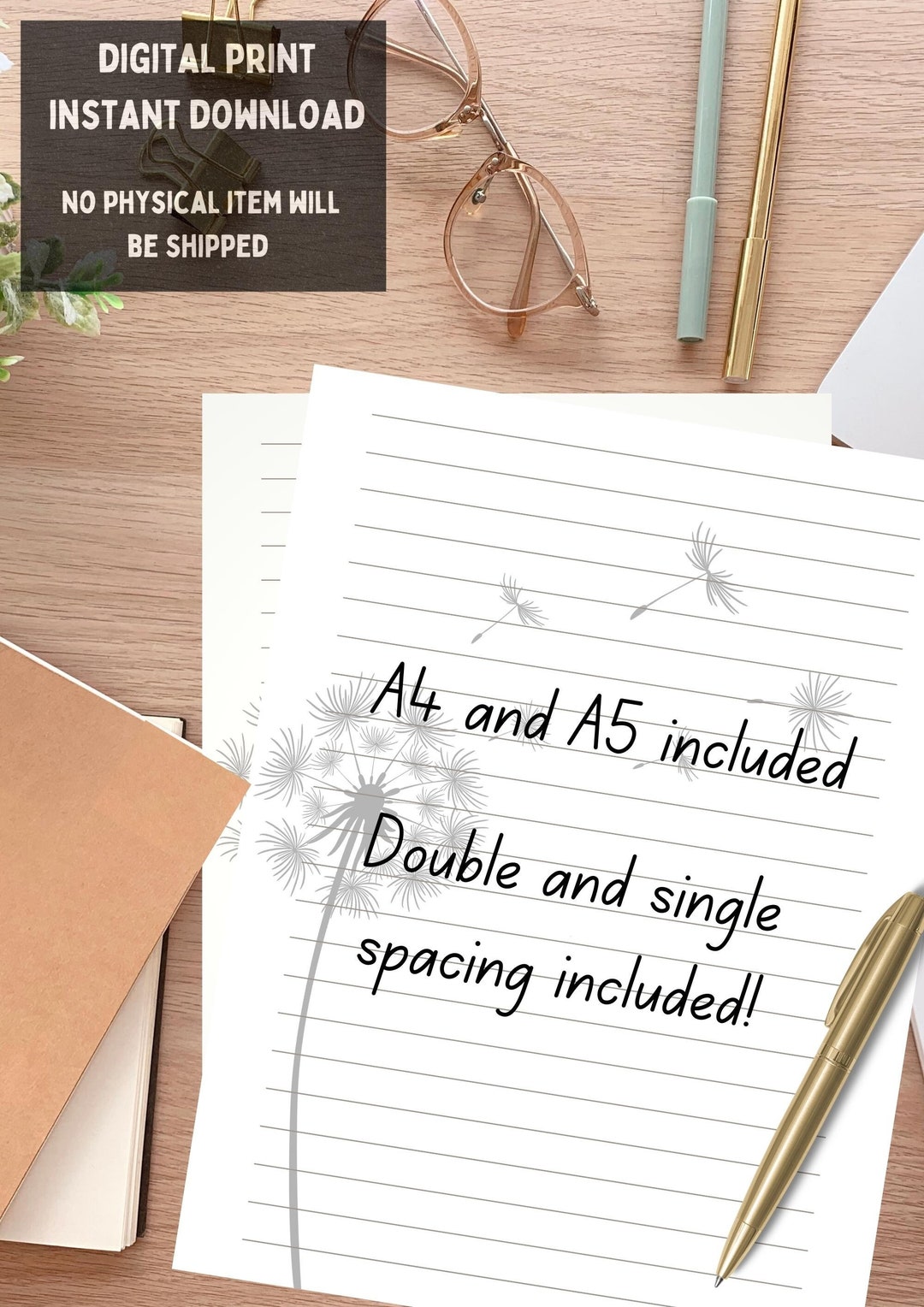 Dandelion Writing Paper Digital Download Instantly Downloaded A4 and A5 Included Double and ...