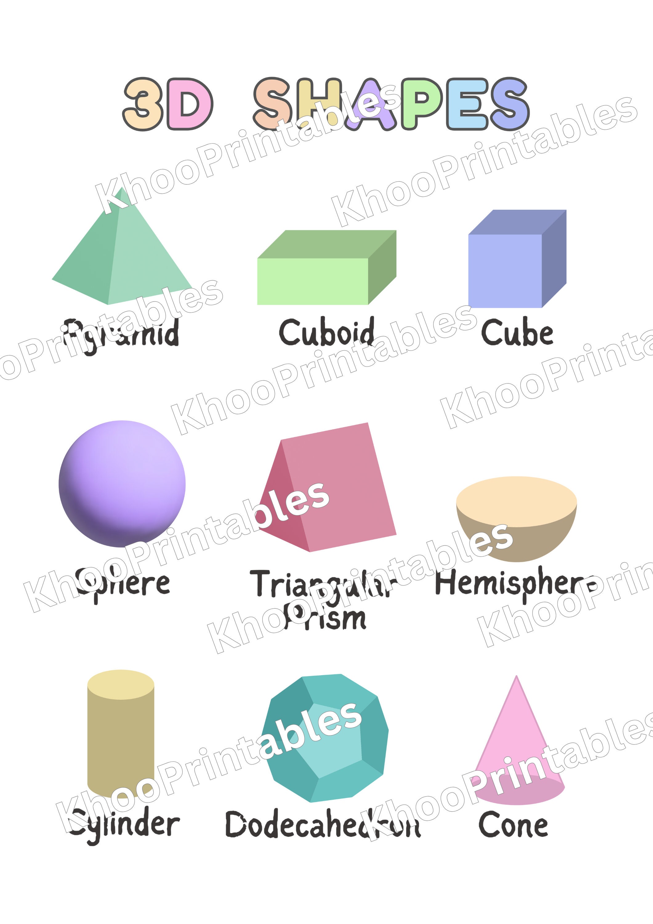 Cute Colourful Printable 3D Shapes Poster Maths Art Classroom Wall Art ...