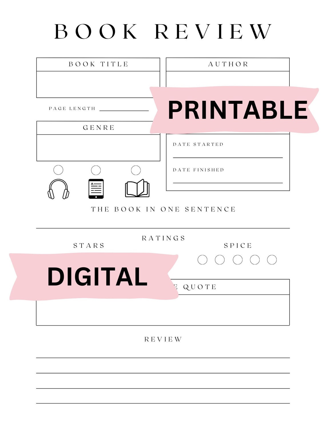 Book Review Printable , Book Review Journal , Reading Tracker , Reading ...
