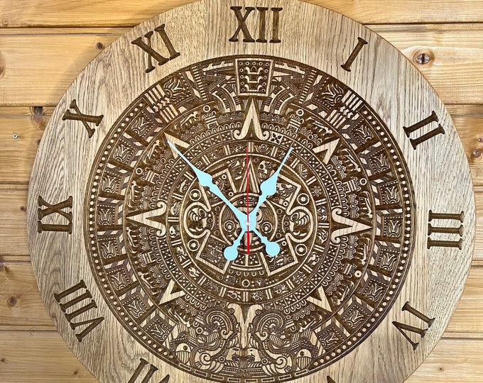Large Wall Clock, Aztec Mayan Calendar, OAK Wood, Wood Clock 24 Inch ...