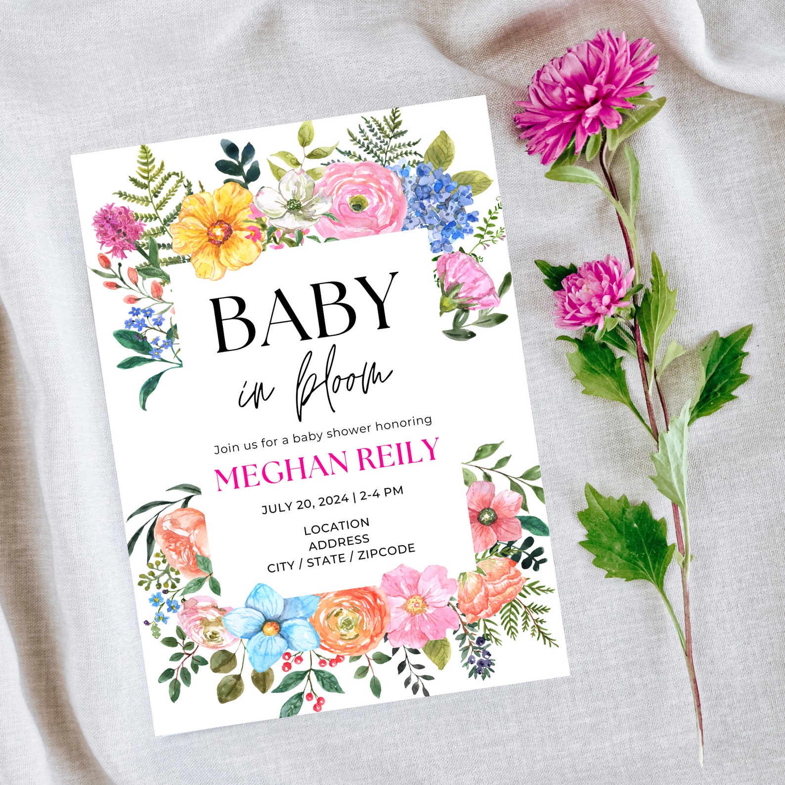 Baby in Bloom Invitation, Baby Shower Invitation, Spring Summer Floral ...