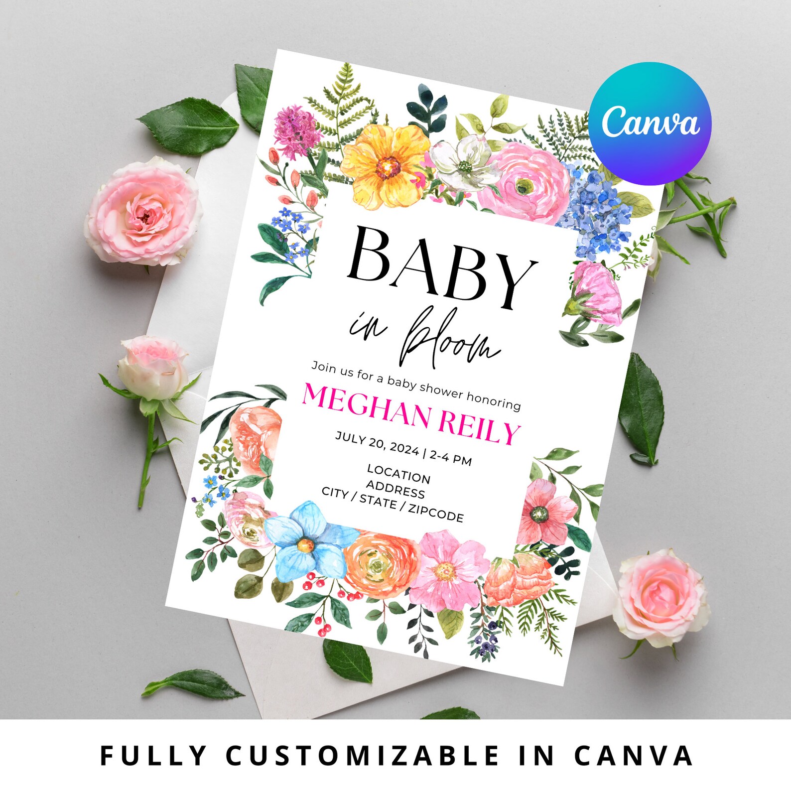 Baby in Bloom Invitation, Baby Shower Invitation, Spring Summer Floral ...