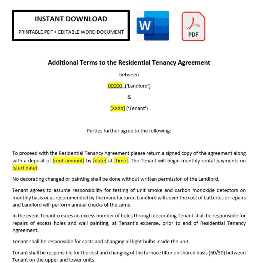 Additional Terms to Residential Tenancy Agreement lease Addendum - Etsy