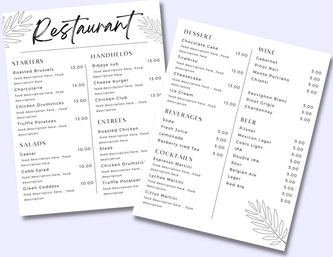 Lista de precios/plantilla de menú menú de restaurante - Etsy México