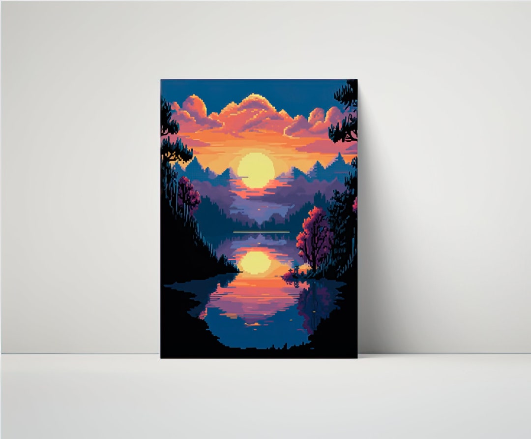 Pixelated Sunset Lake Art Print - Etsy
