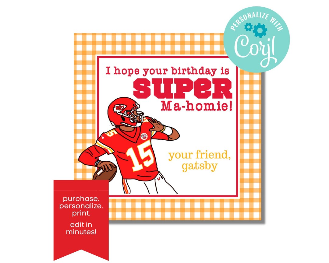Printable Birthday Tag - Mahomes Kansas City Chiefs Football Gold Super ...
