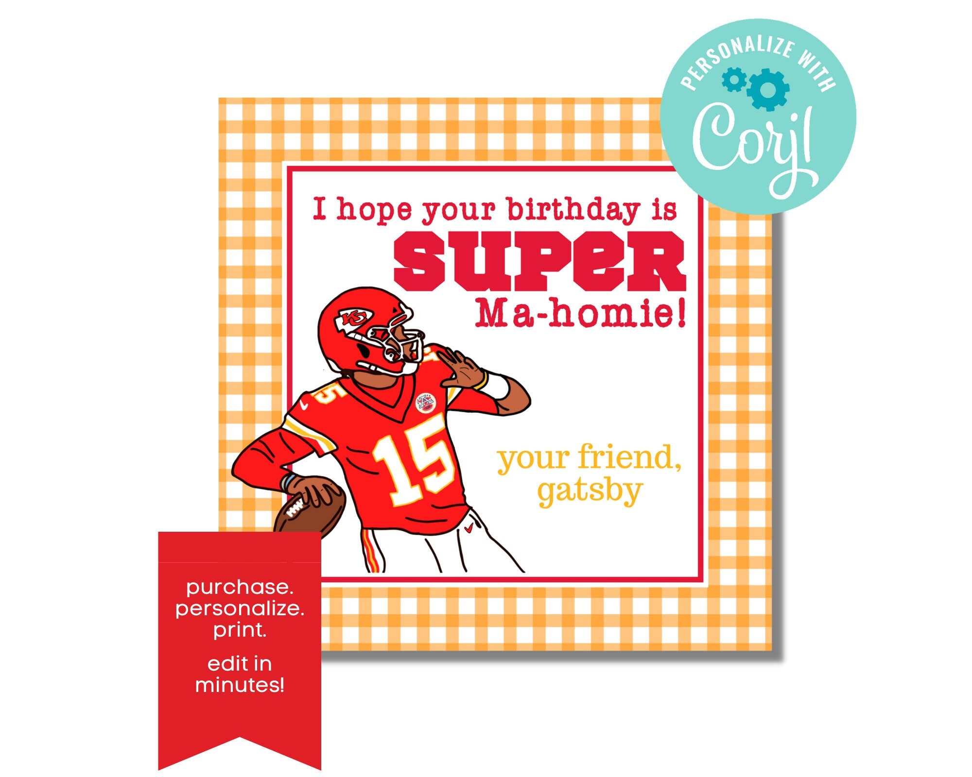 Printable Birthday Tag Mahomes Kansas City Chiefs Football Gold Super ...
