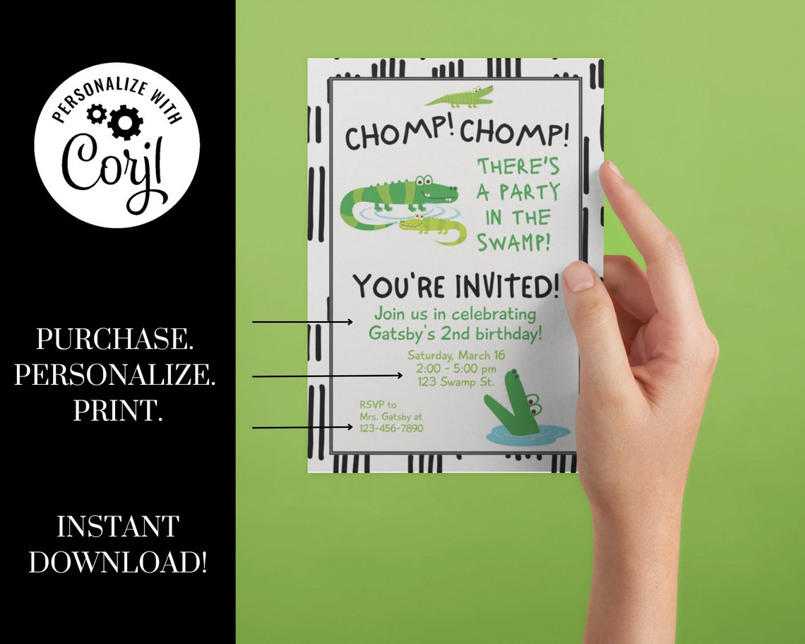 Alligator Party Invitation, Editable Alligator Kids Birthday Invite ...