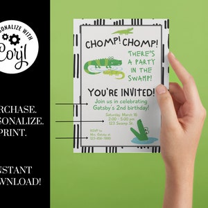 Alligator Party Invitation, Editable Alligator Kids Birthday Invite ...