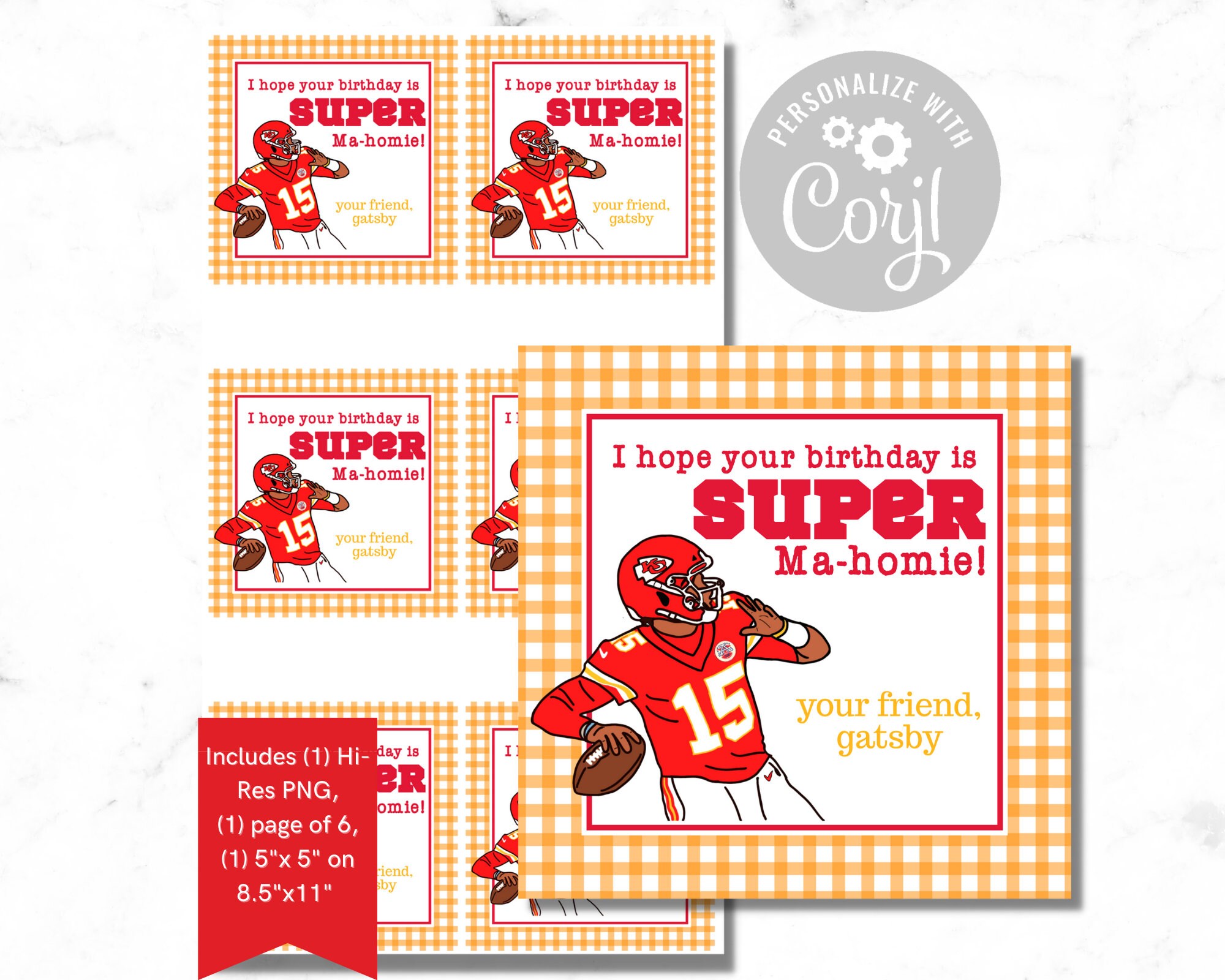 Printable Birthday Tag - Mahomes Kansas City Chiefs Football Gold Super ...