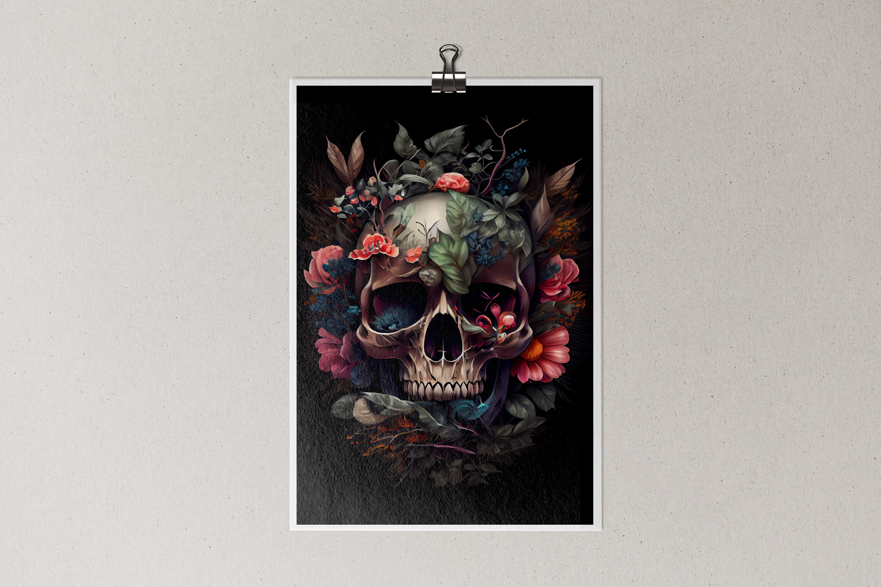 Floral Skull Art Print, Skull Home Decor, Floral Skull Poster, Skull ...